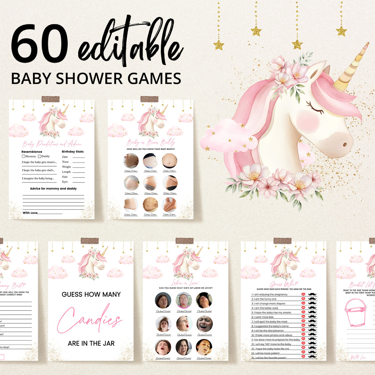 Unicorn Baby Shower Game Bundle with Gold Stars & Pink Clouds – Blushberrie