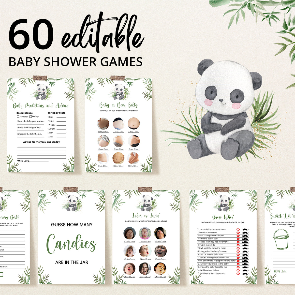 Cute Panda Baby Shower Digital Game Bundle: Bamboo & Gold Accents ...
