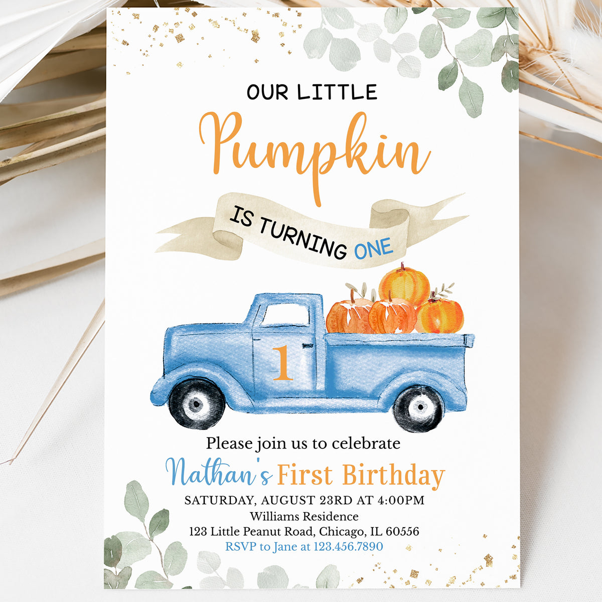 Little Pumpkin Turns One: Blue Truck Fall Invite – Blushberrie