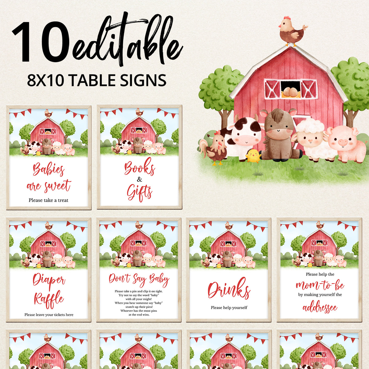 Farm Fresh Spring Baby Shower Table Sign: Red Barn & Baby Animals ...
