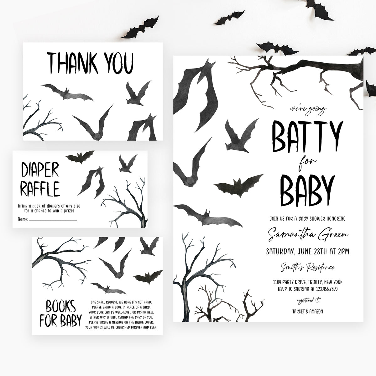 Batty for Baby: Minimalist Digital Baby Shower Invitation Bundle ...