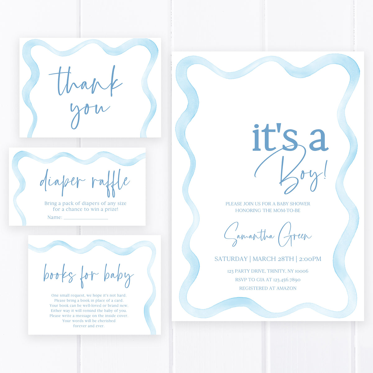Blue Minimalist Wavy Border Baby Shower Digital Invitation Bundle ...