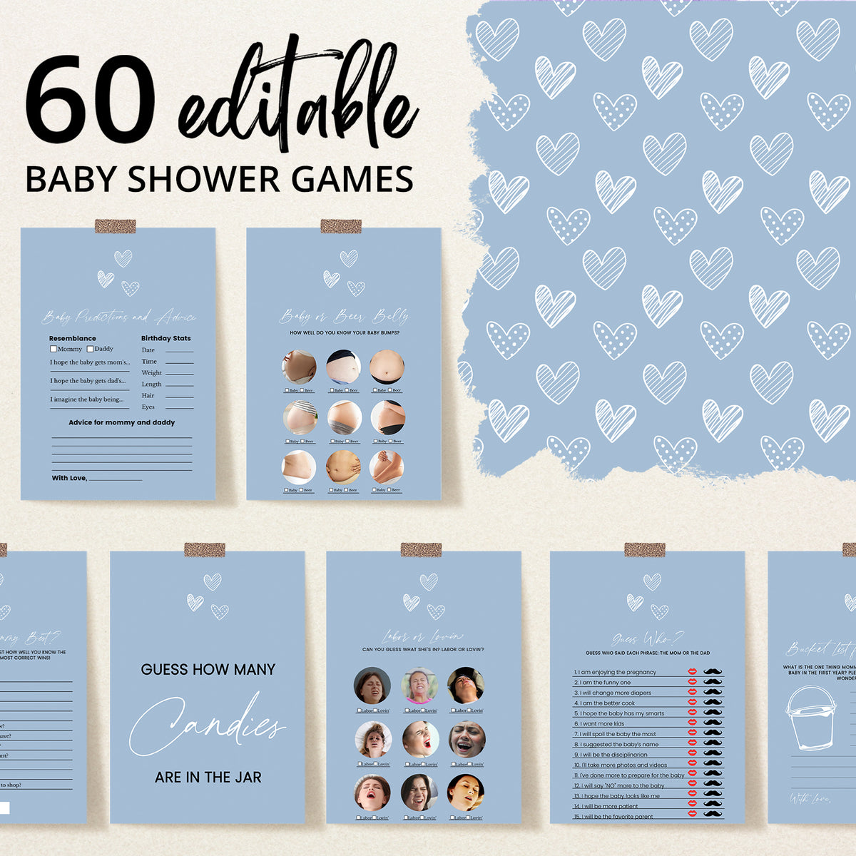 Minimalist Oh Boy Baby Shower Digital Game Bundle: Blue Hearts ...