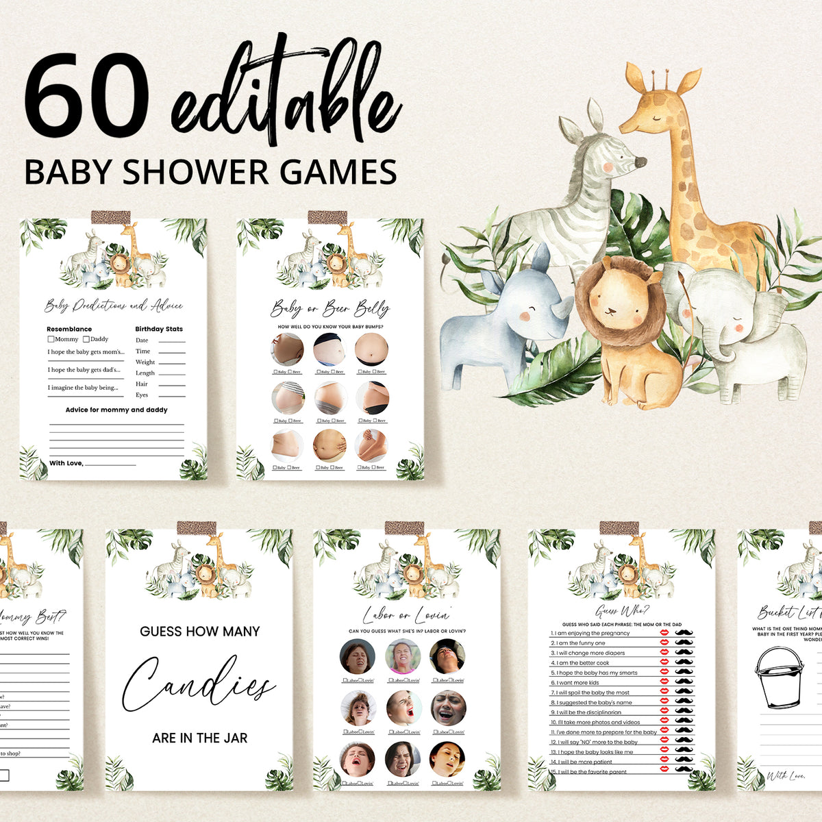 Jungle Adventure Baby Shower Game Bundle with Safari Animals – Blushberrie