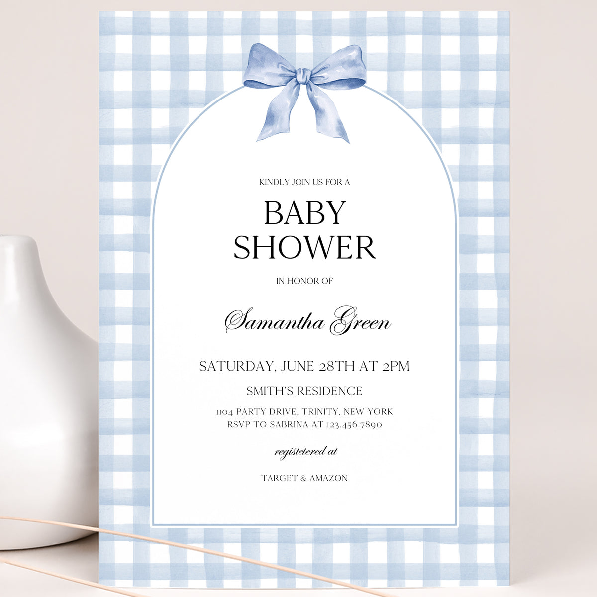 Blue Plaid Baby Shower Invitation with Arch & Ribbon Design – Blushberrie