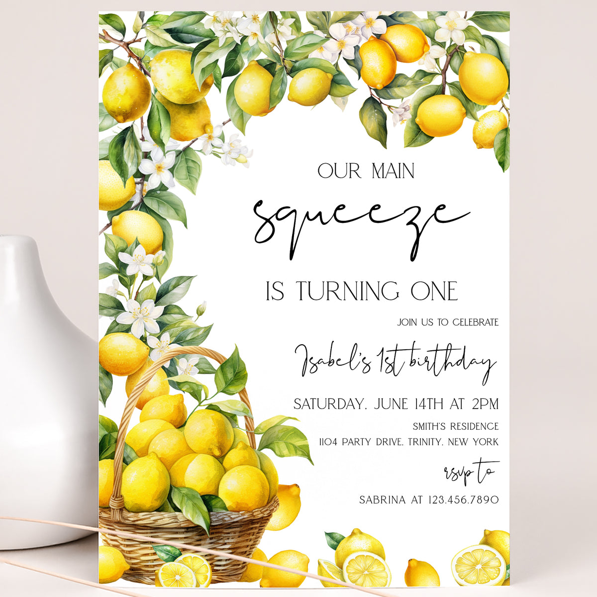 Main Squeeze 1st Birthday Lemon Digital Invitation – Blushberrie