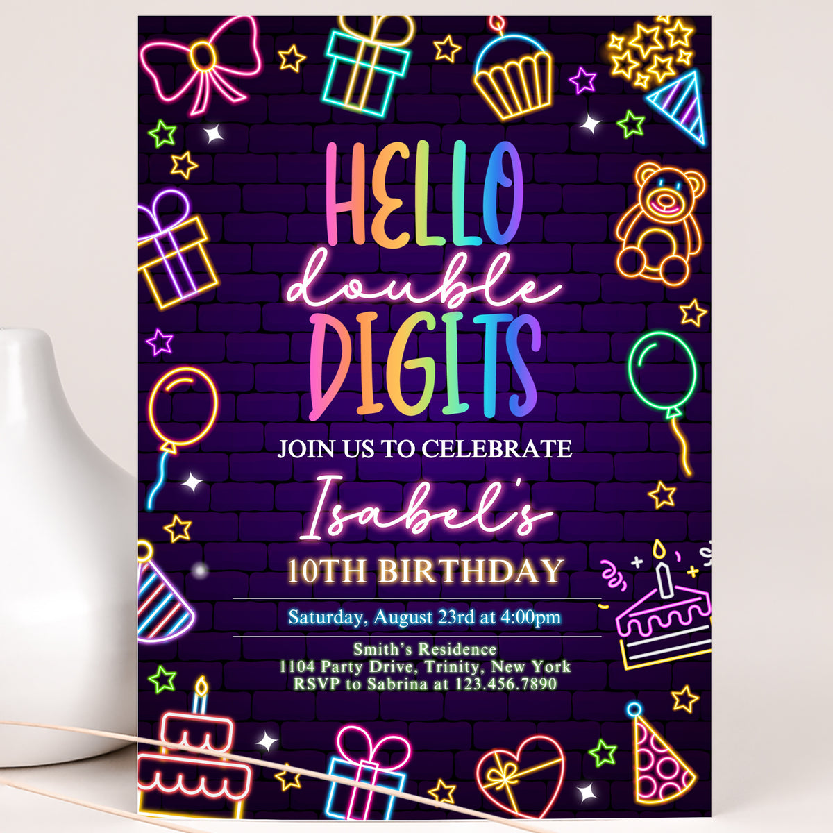 Neon Hello Double Digits 10th Birthday Digital Invite – Blushberrie