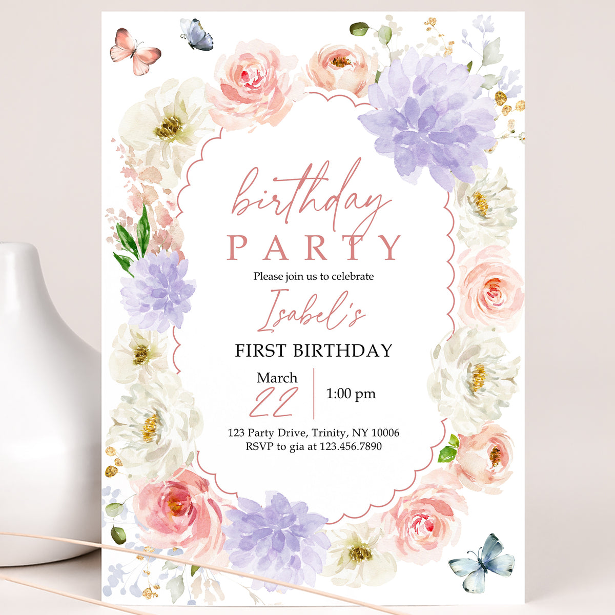 Spring Birthday Invite with Watercolor Flowers & Butterflies – Blushberrie