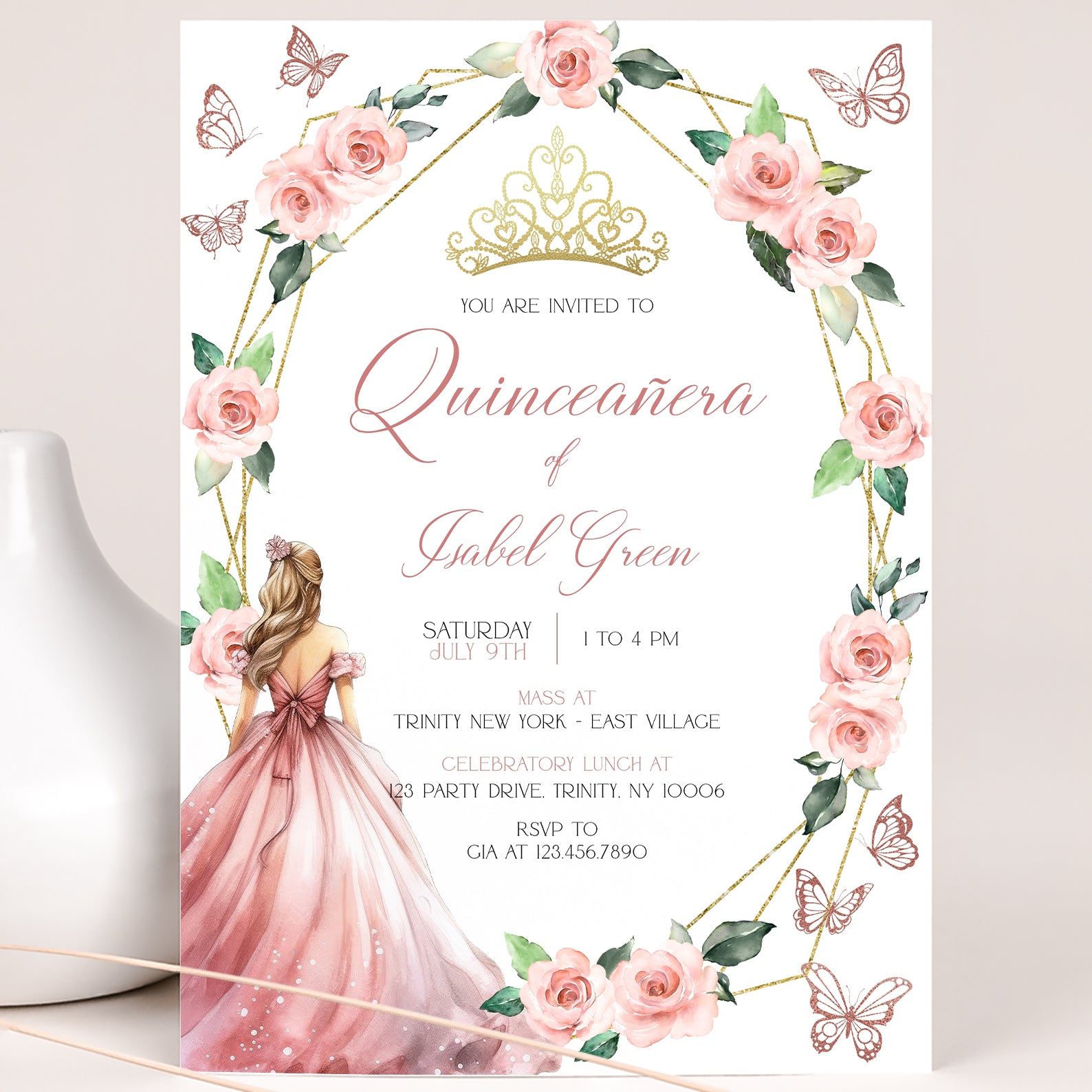 Gold Quinceañera Invite with Pink Dress & Butterflies – Blushberrie