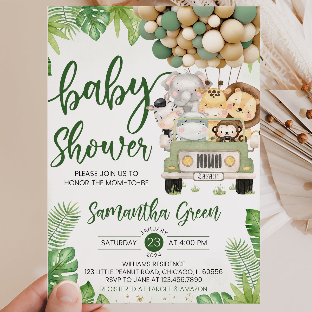 Green Jungle Safari Baby Shower Invite with Jeep & Animals – Blushberrie