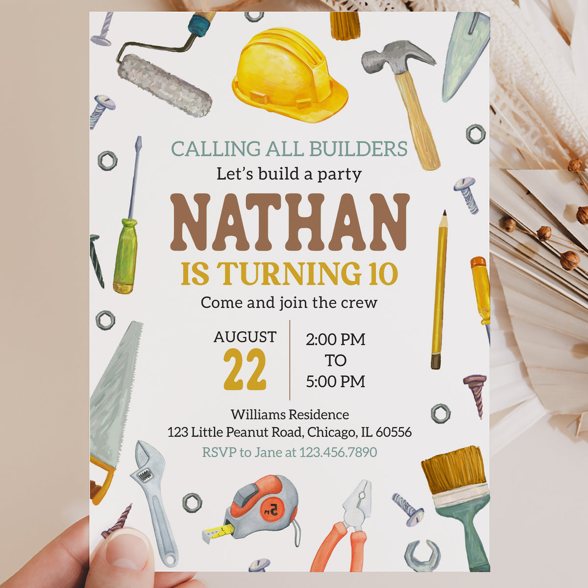 Construction Party Invite: Let’s Build for 10th Birthday – Blushberrie