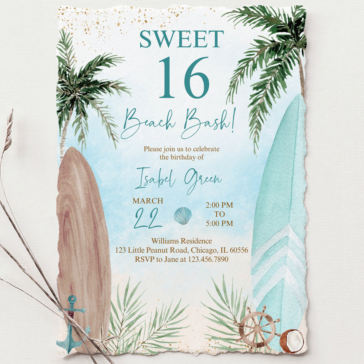 Sweet 16 Beach Bash Invitation: Tropical Surf Party Theme – Blushberrie