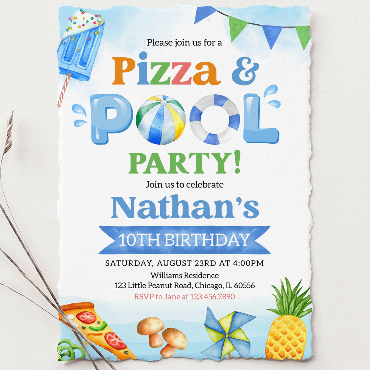 Summer Pizza & Pool Party Invite: Blue Theme with Fun Icons – Blushberrie