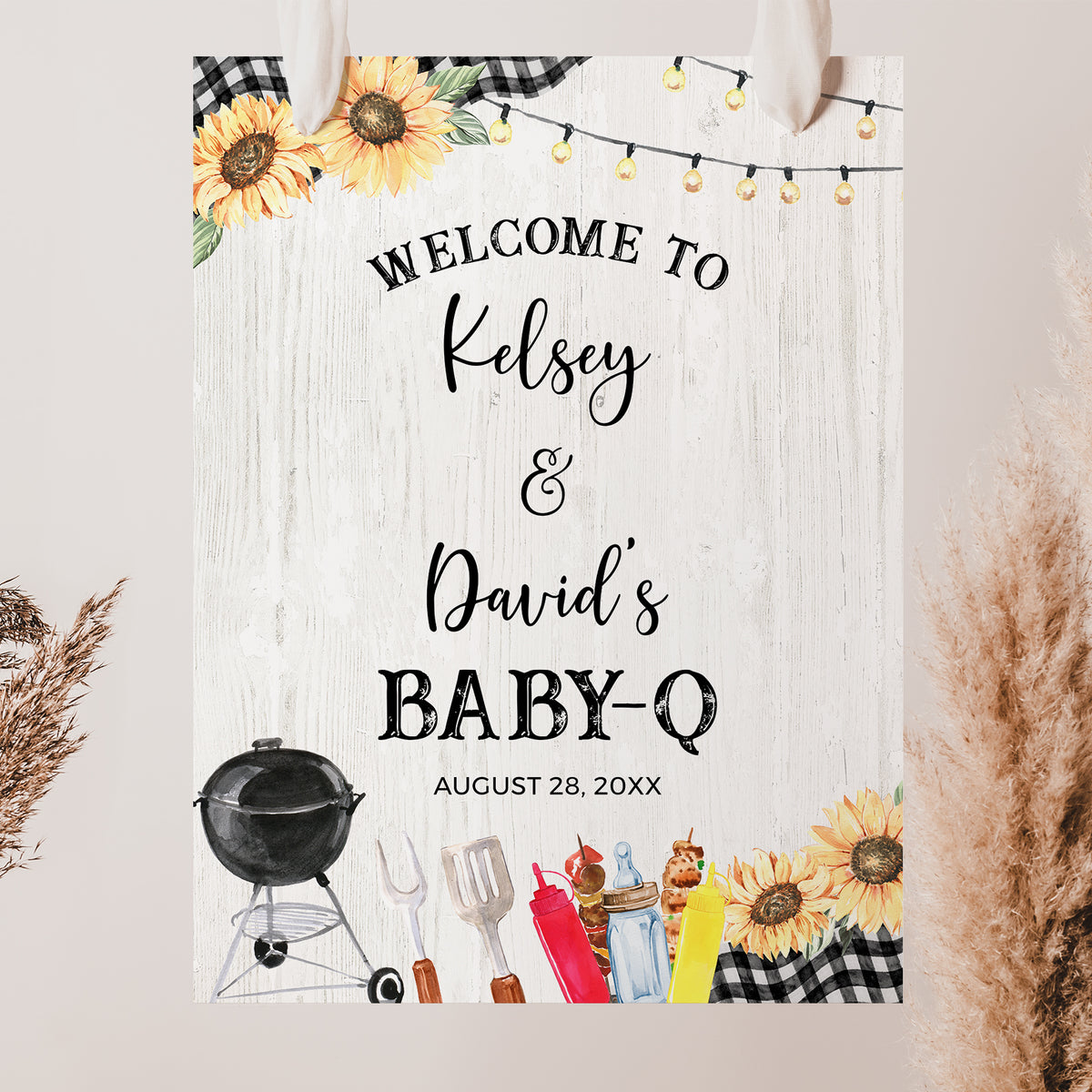 Baby-Q Baby Shower Welcome Sign: Sunflowers, BBQ & Picnic Design ...