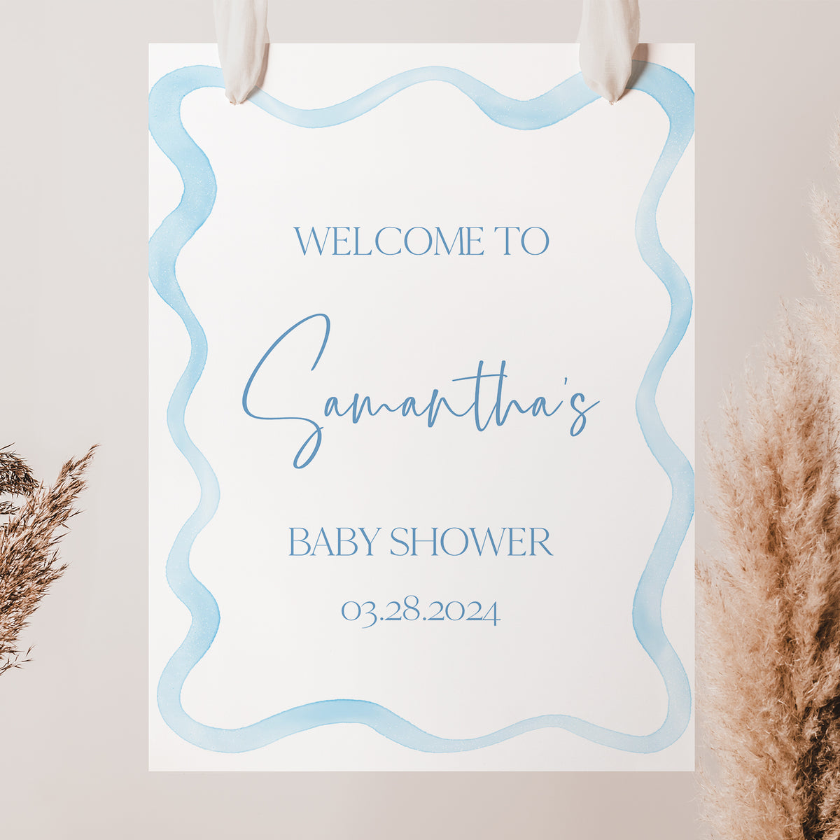 Blue Minimalist Wavy Border Baby Shower Digital Welcome Sign – Blushberrie