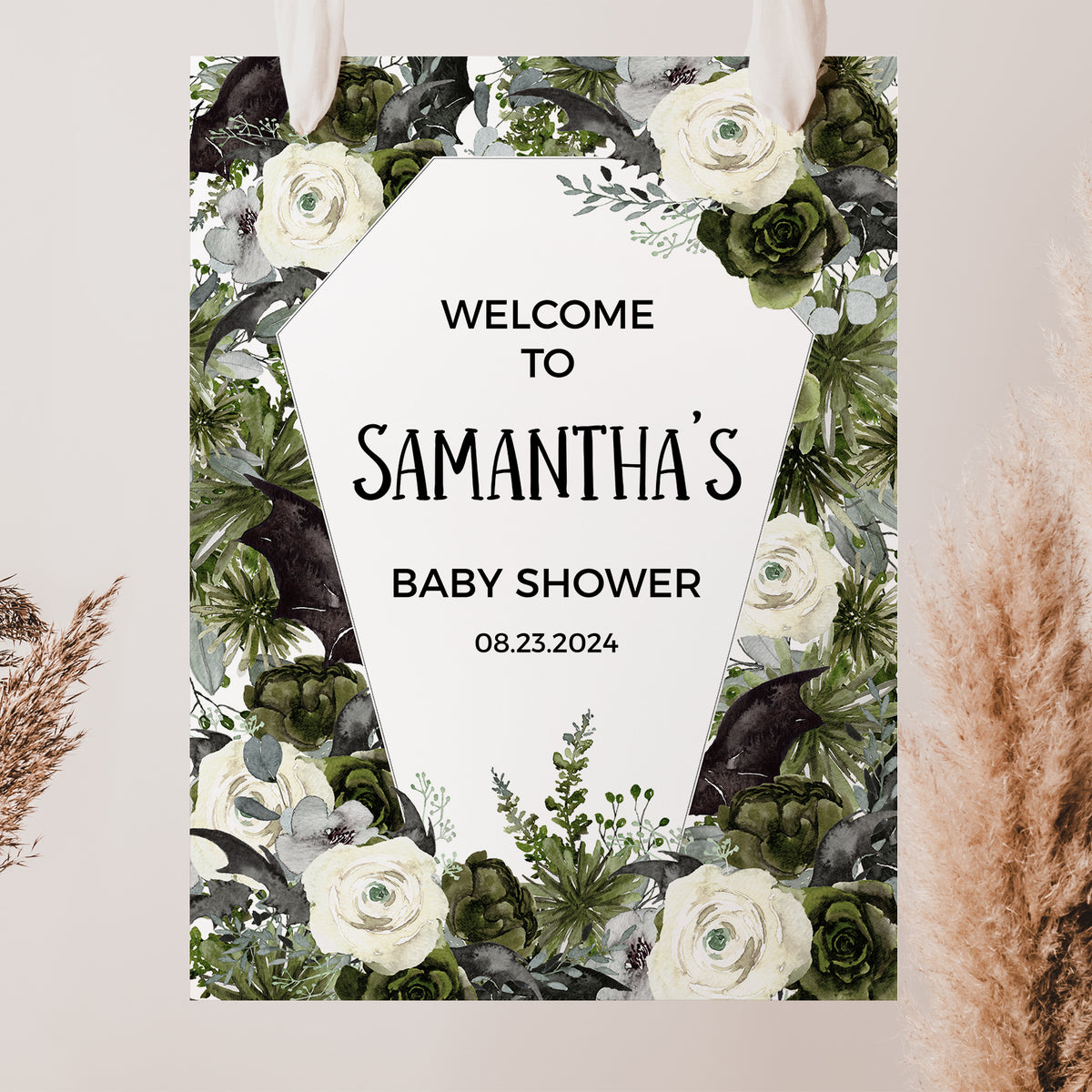 Coffin-Shaped Baby Shower Welcome Sign: Bats & Green Roses – Blushberrie