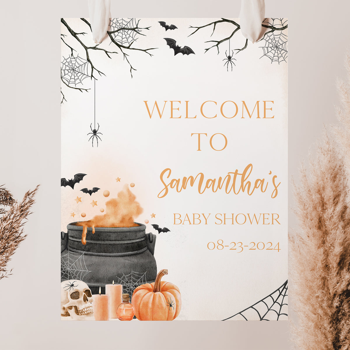 Orange Baby Potion Brewing Welcome Sign: Spooky Bats, Webs, & Pumpkins ...