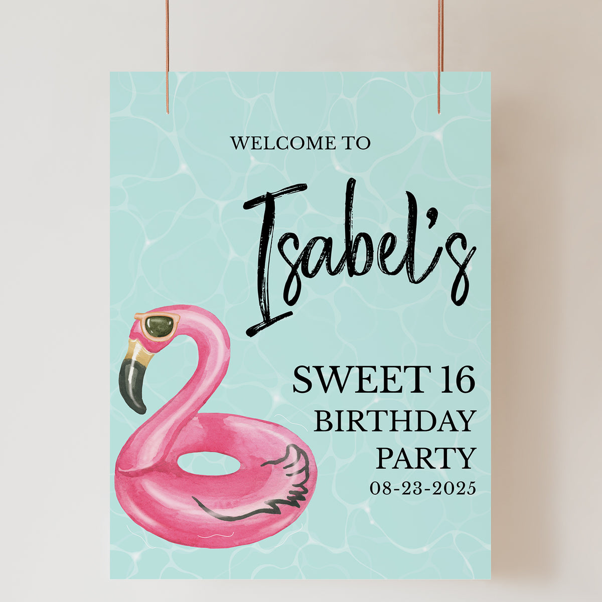 Pool Party Birthday Digital Welcome Sign with Pink Flamingo Float ...