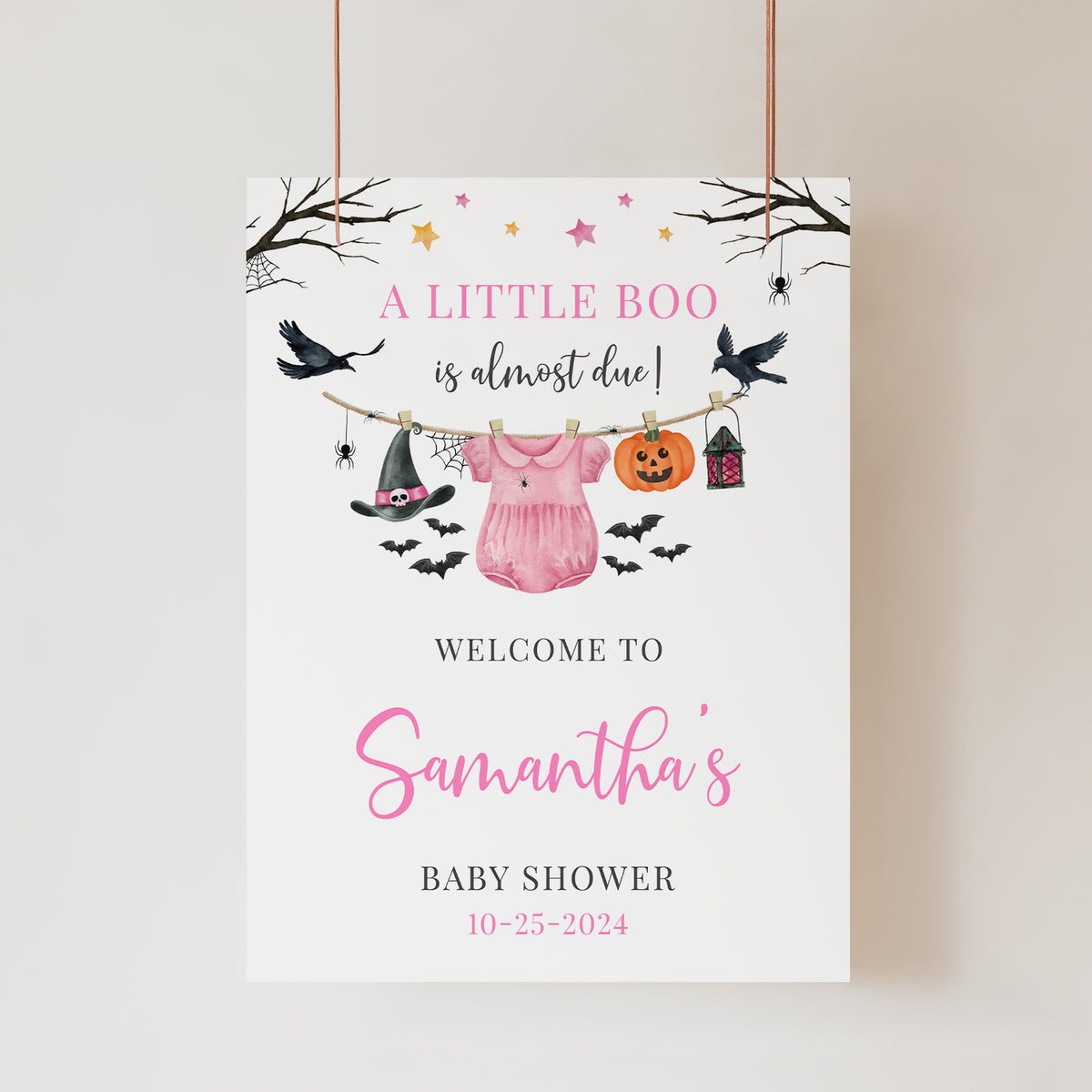 Pink Halloween Baby Shower Welcome Sign: Stars, Crows & Jumpsuit ...