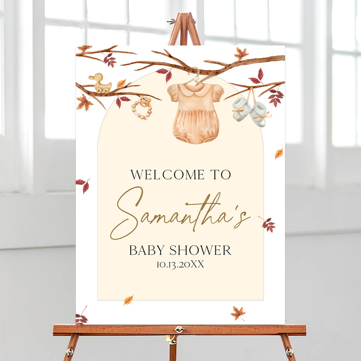 Fall Baby Shower Welcome Sign: Orange Baby Dress & Leaves – Blushberrie