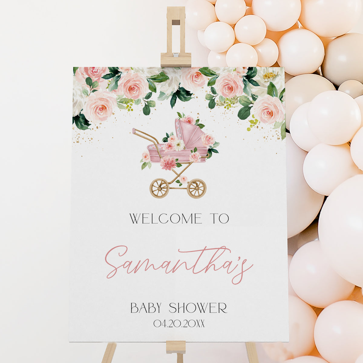 Pink Stroller Spring Baby Shower Digital Welcome Sign with Florals ...